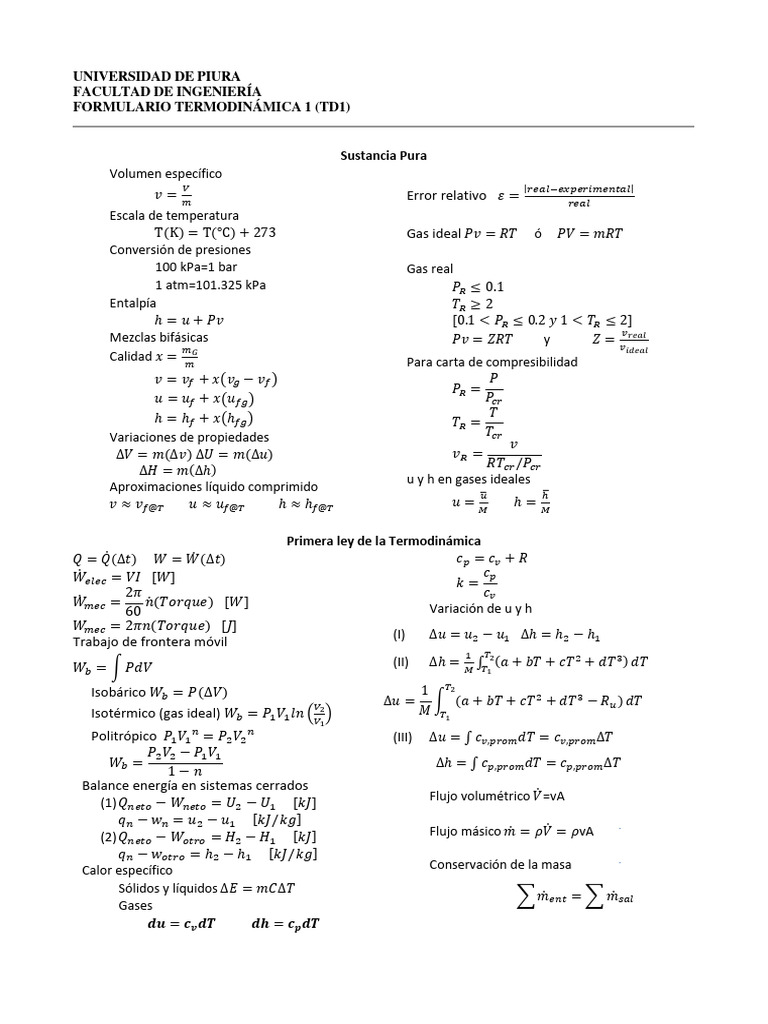 Formulario TD1 p2 | PDF | Química Física | Propiedades termodinámicas.