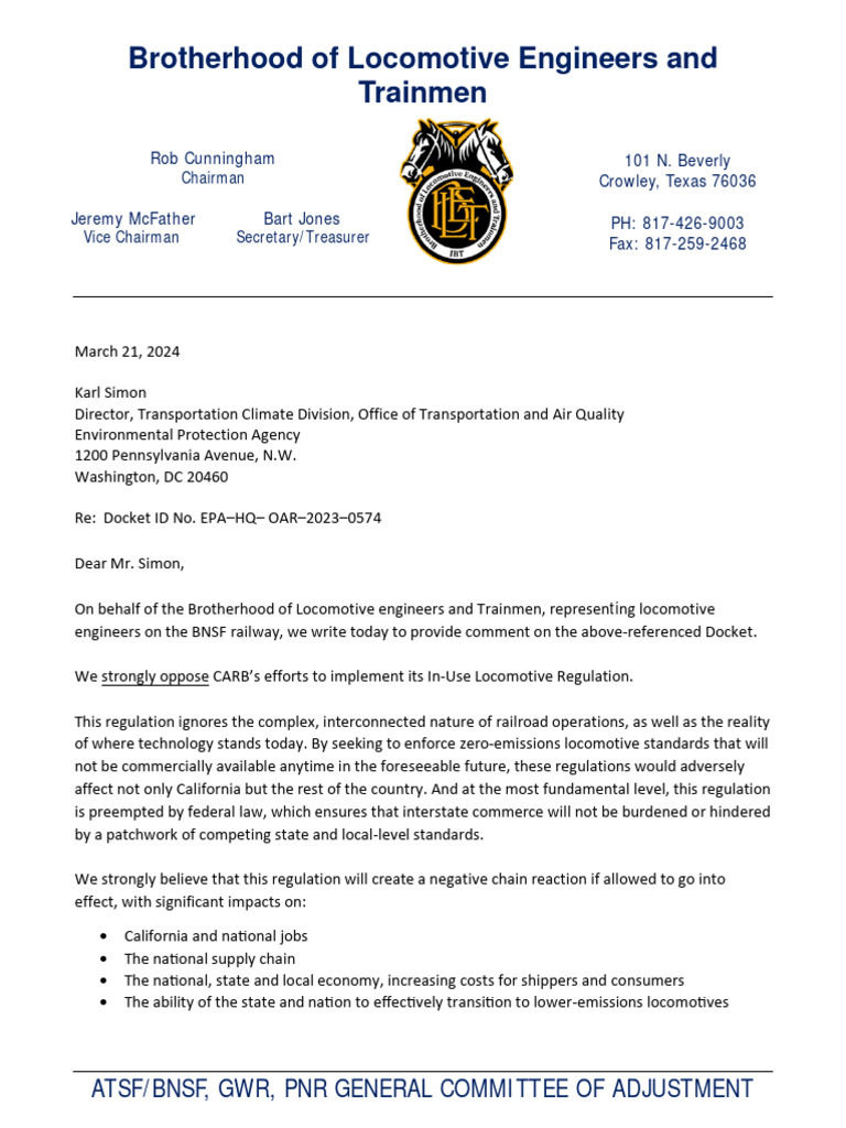 BLET Letter - CARB Waiver / EPA | PDF | Transport | Rail Transport