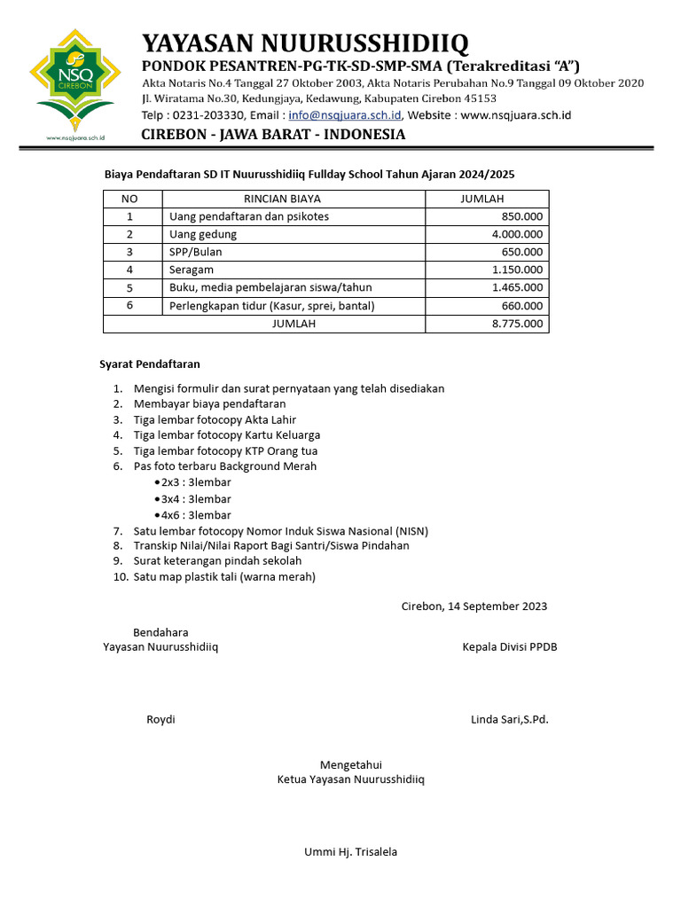 Biaya Pendaftaran SD IT Nuurusshidiiq 2024 | PDF