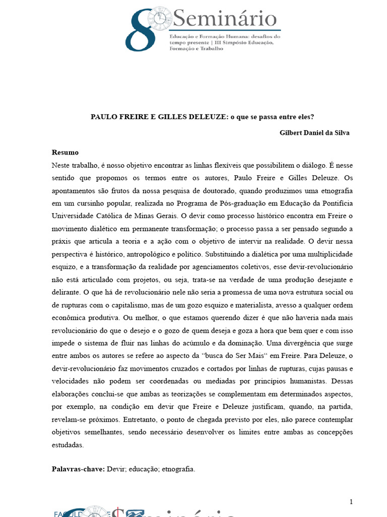 Diálogo entre Freire e Deleuze na Educação | PDF | Gilles Deleuze ...