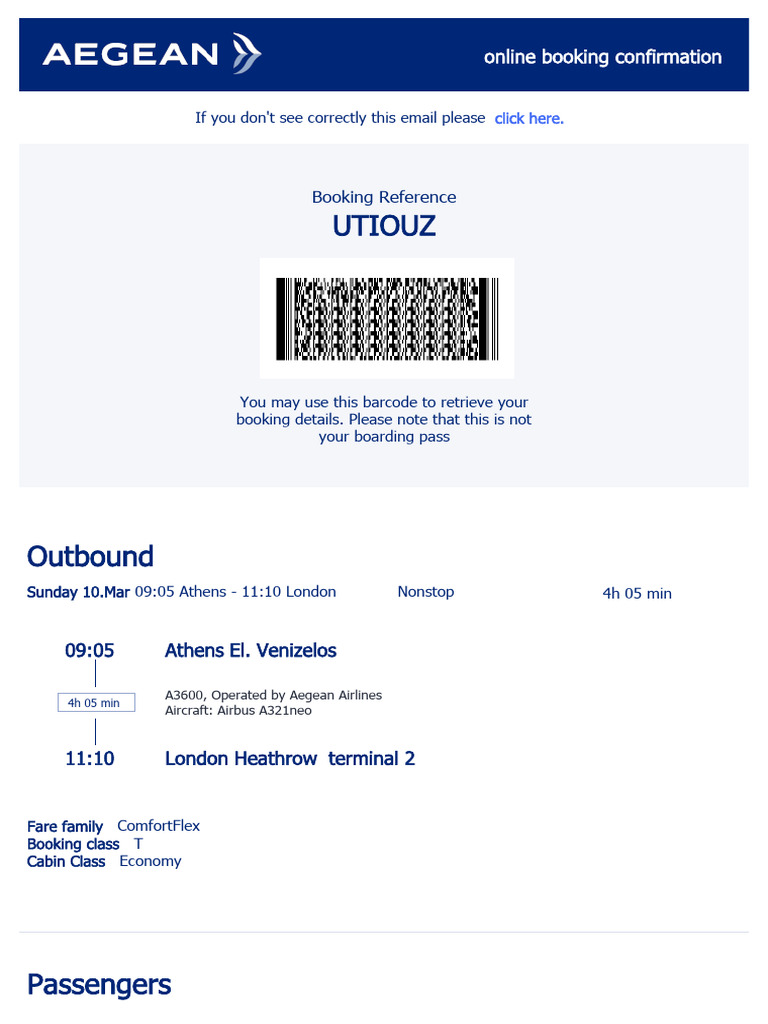 Aegean Airlines Sa Booking Confirmation | PDF | Airlines | Civil Aviation