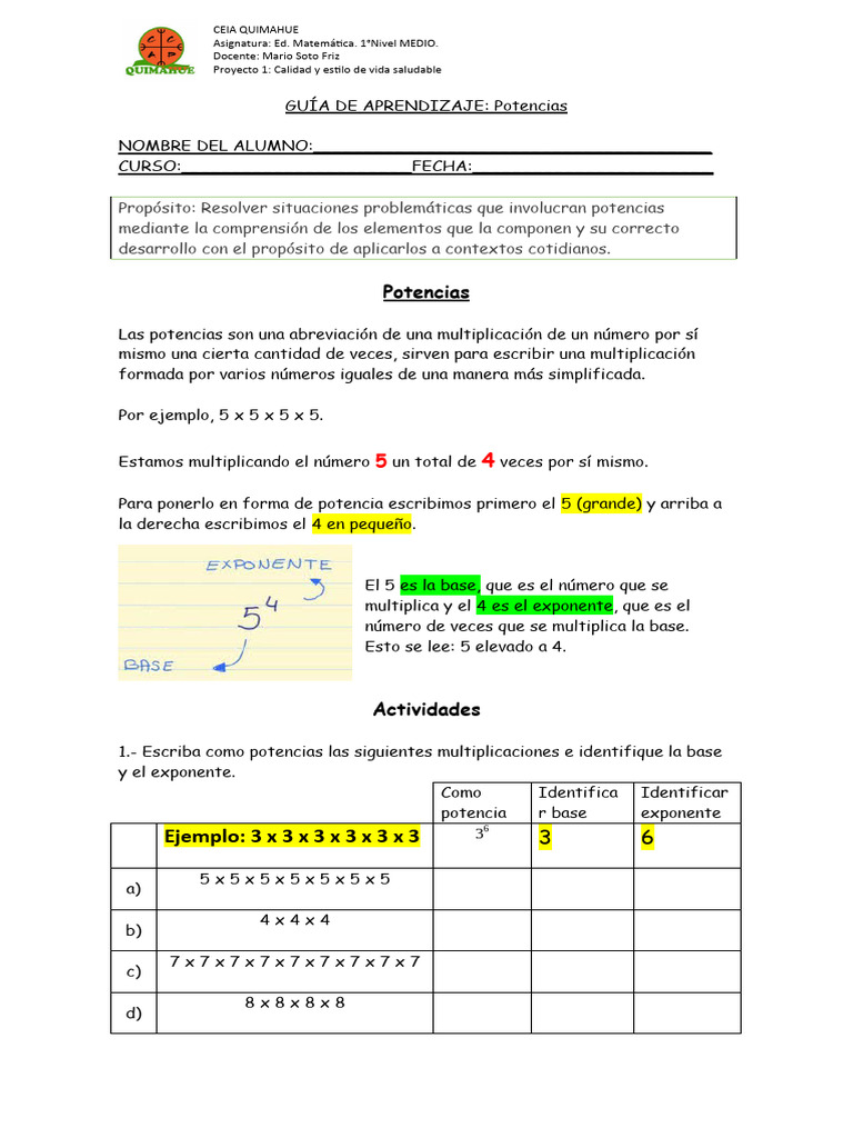 Matemática - Clase 4 - Guía de Aprendizaje Potencias | PDF | Exponenciación | Multiplicación