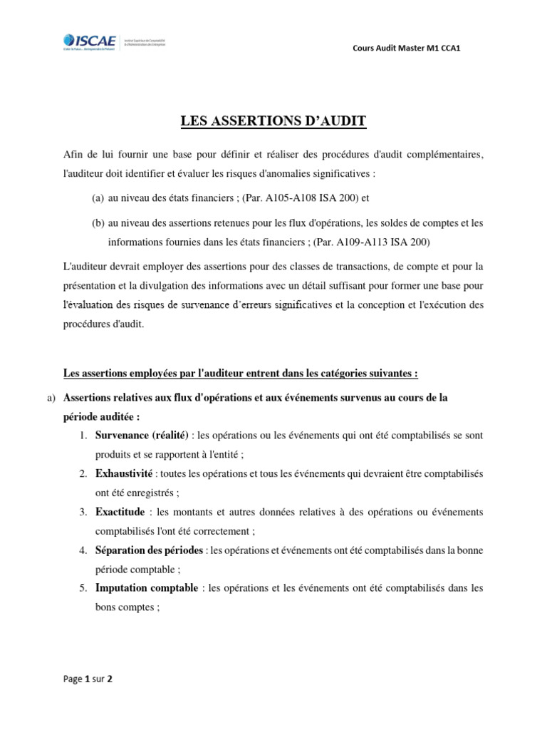 Les 7 assertions d'audit expliquées | PDF | Audit | Comptabilité
