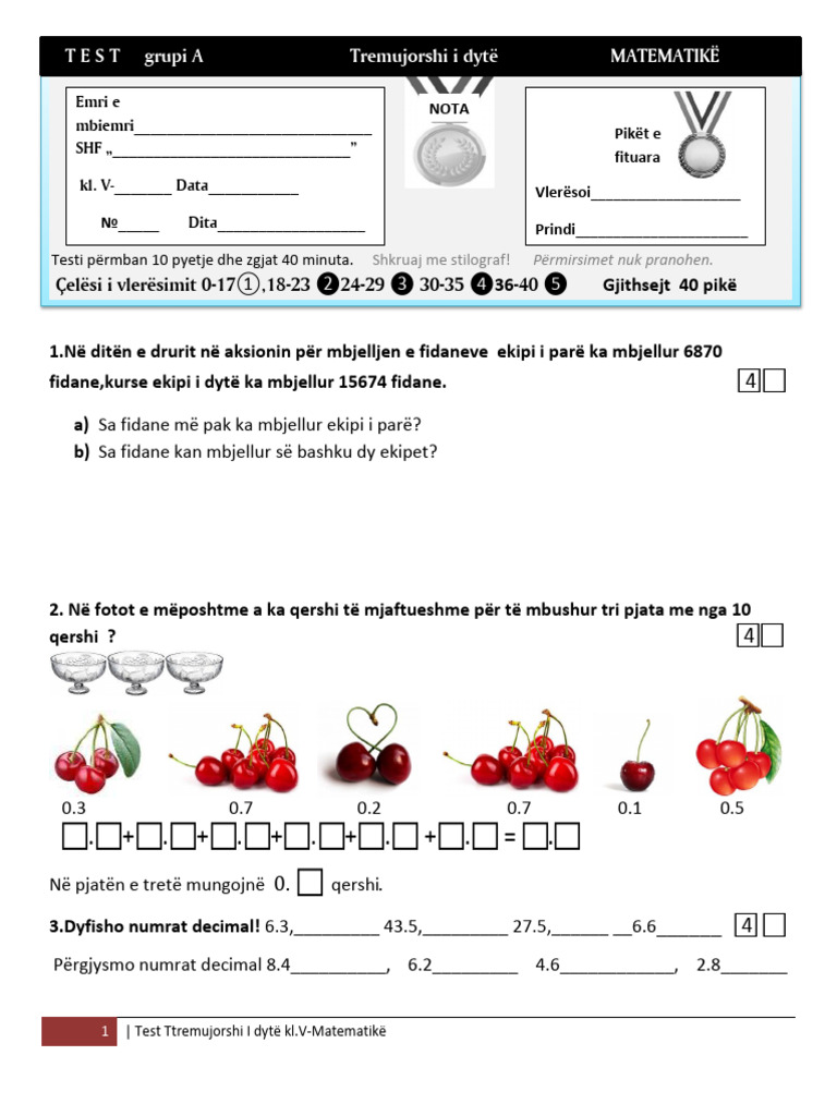 Test-Matematikë Klasa 5 | PDF