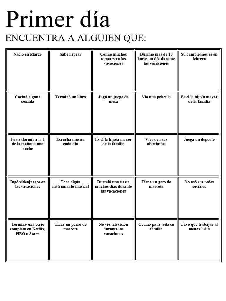 Bingo - Primer Día de Clases | PDF | Artes del Lenguaje y Comunicación