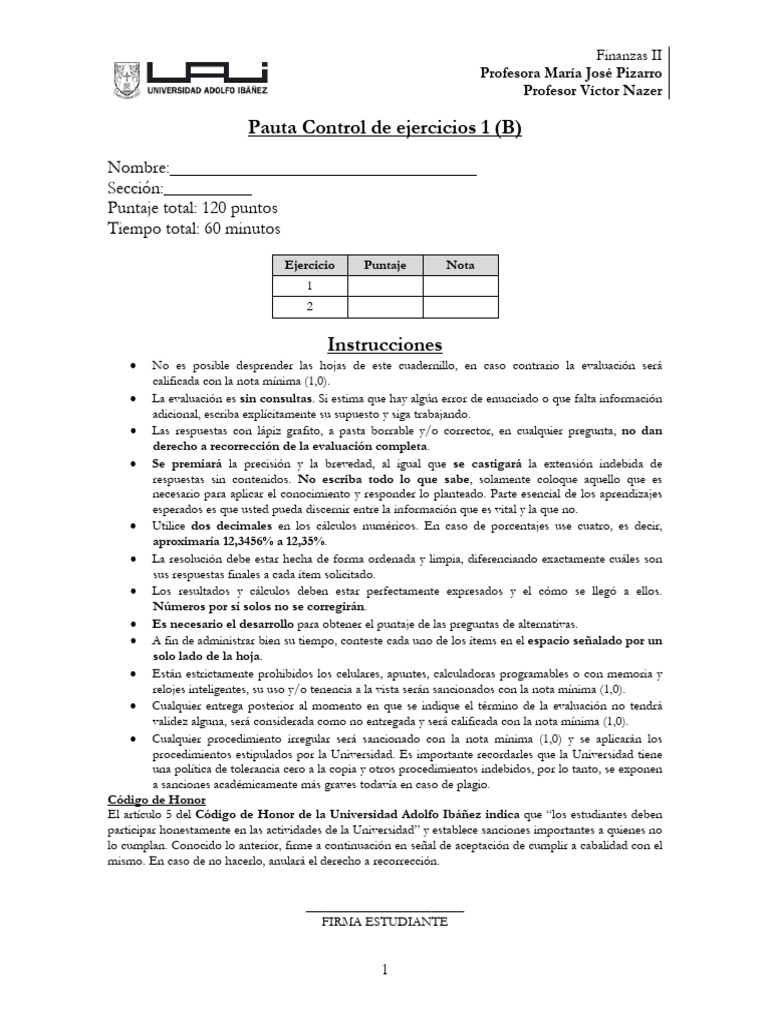Pauta Control 1 (B) de Ejercicios Finanzas II I 1 | PDF | Modelo de fijación de precios de ...