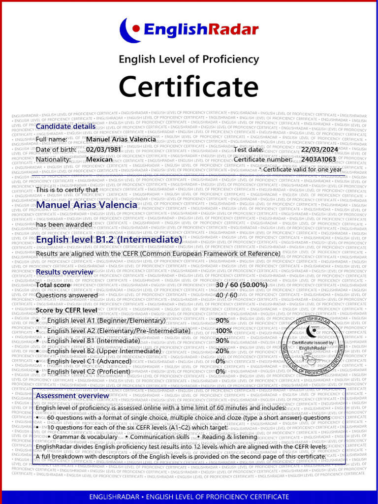 English B1.2 Proficiency Certificate | PDF | Language Acquisition ...