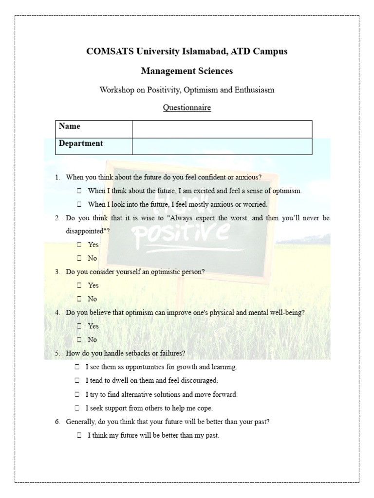 Positivity Questionnaire | PDF | Optimism | Emotions