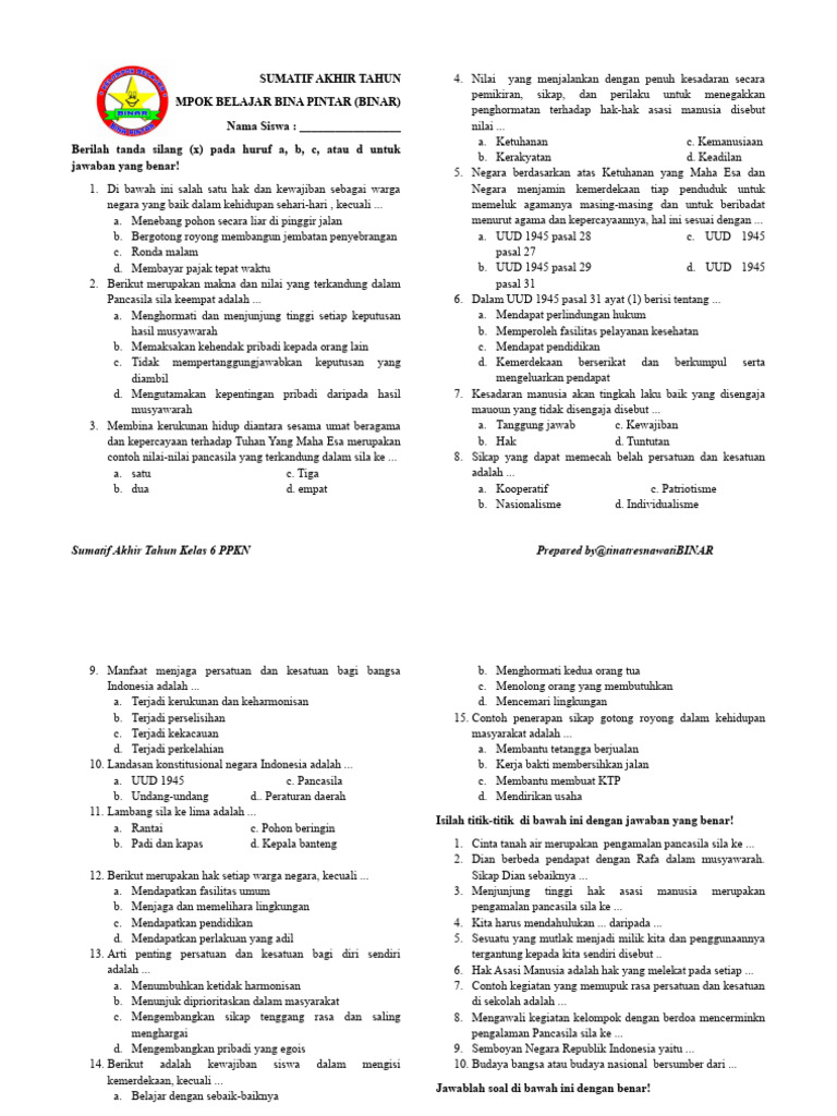 SAS PKN Kelas 6 | PDF | Karier & Perkembangan