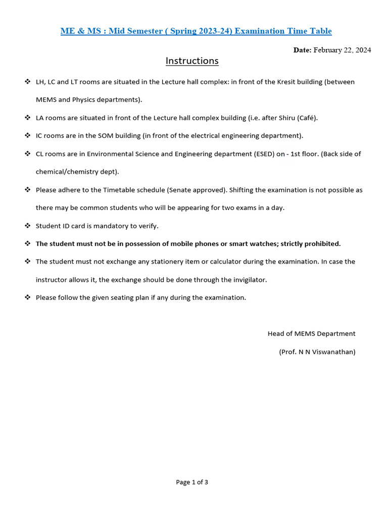 Updated Mid Semester Exam Timetable Spring 2023-24 | PDF | Physical ...