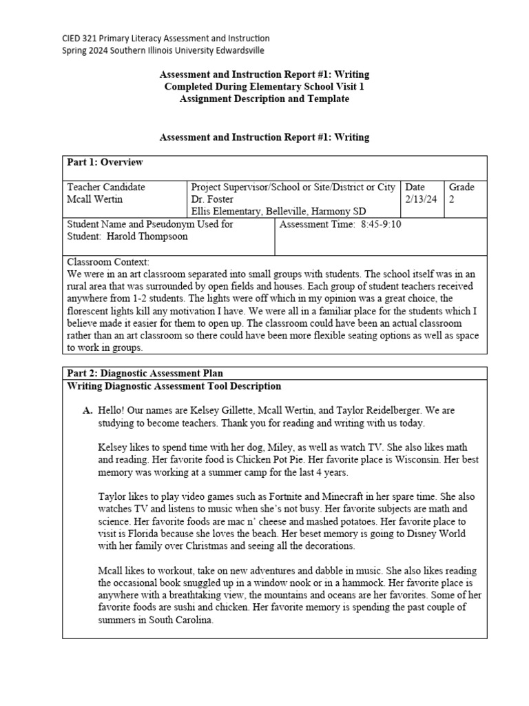 321 Assess Report 1 Writing 2024 | PDF | Experience | Literacy