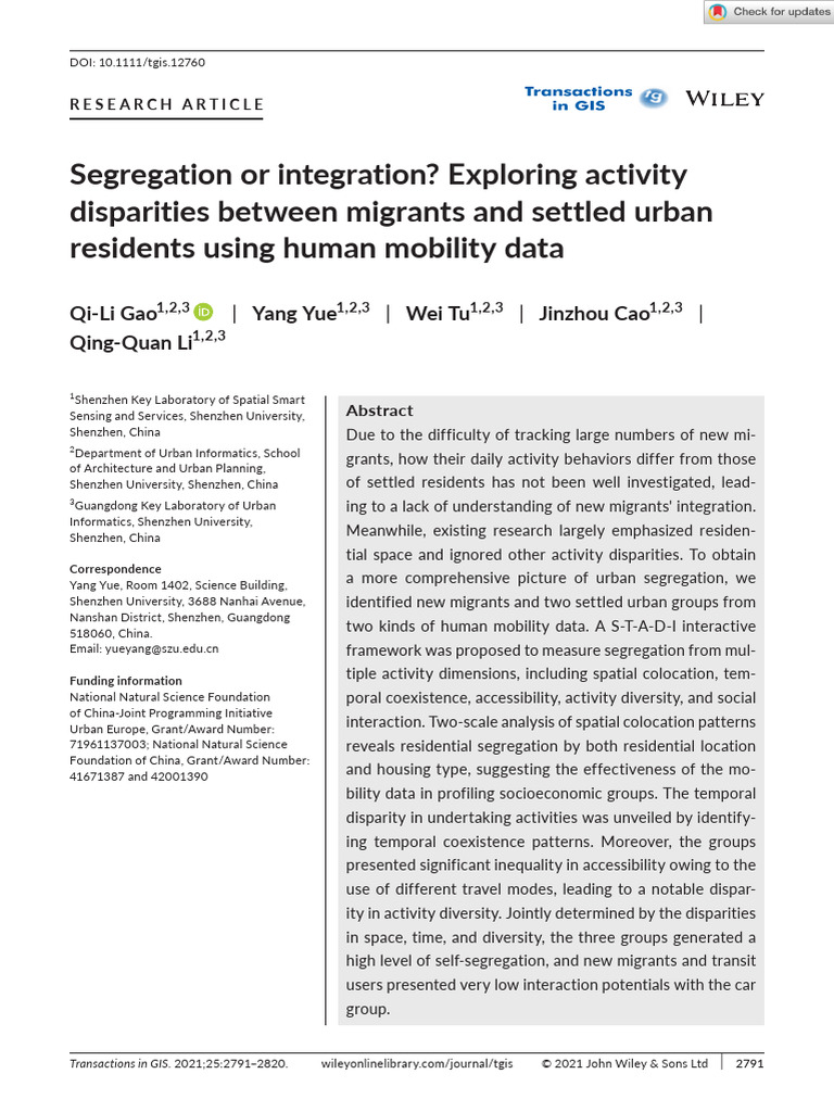 Transactions in GIS - 2021 - Gao - Segregation or Integration Exploring ...