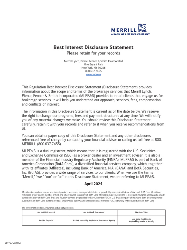 Regulation Best Interest Disclosure Statement RBIDISC | PDF | Financial ...