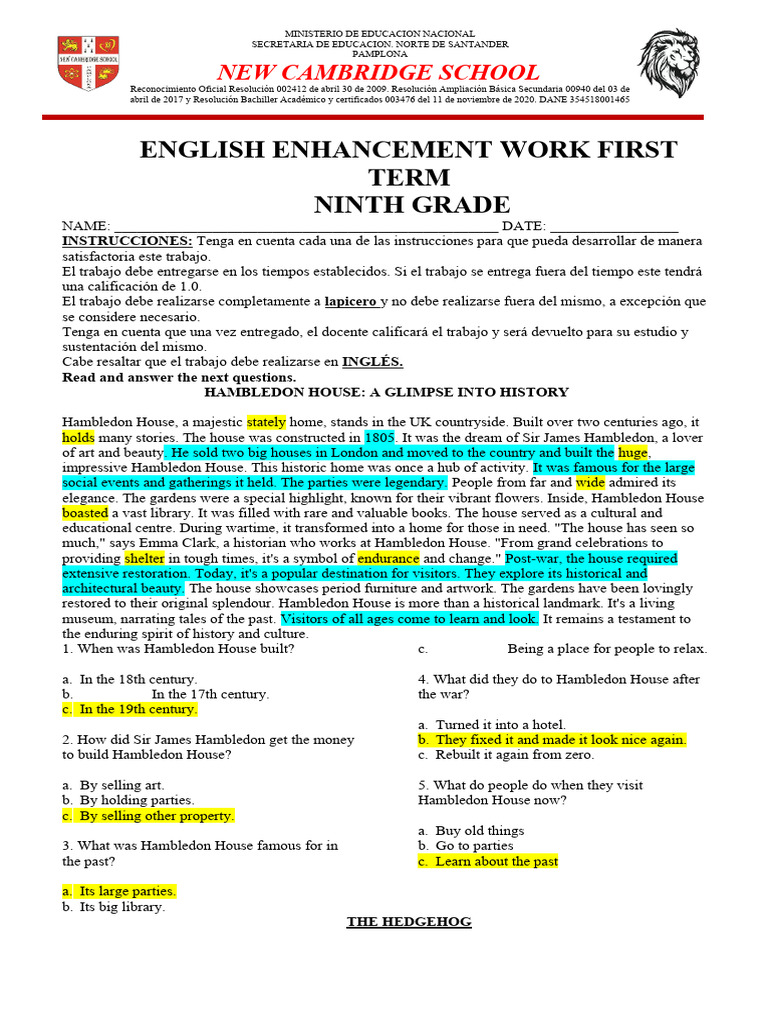 English Enhancement Work First Term Ninth Grade | PDF | Verb ...