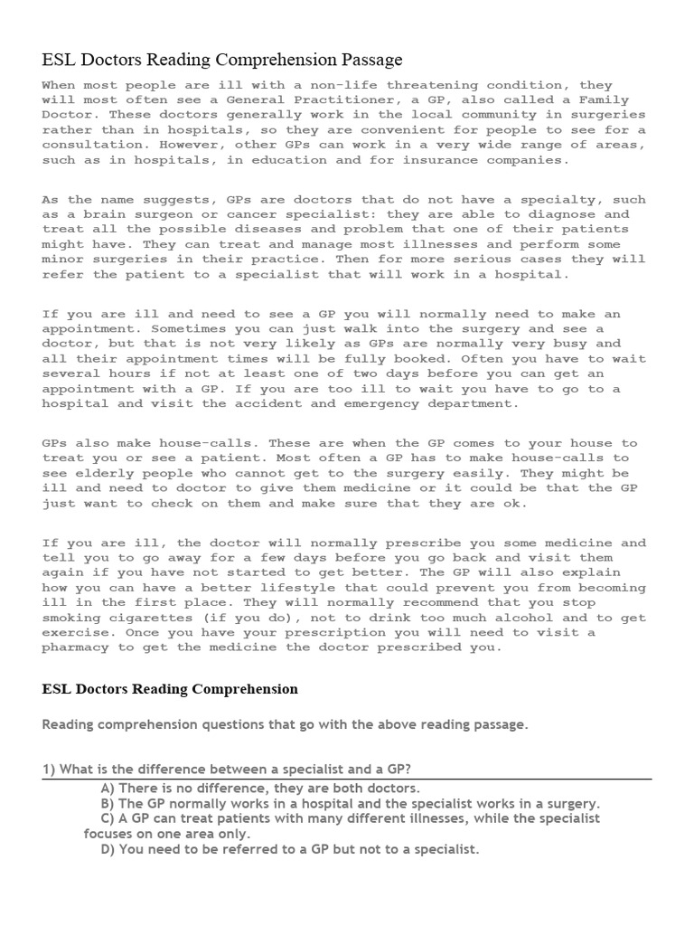 ESL Doctors Reading Comprehension Passage 09112023 | PDF | General ...