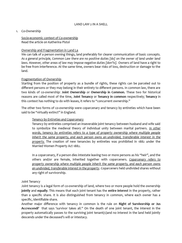 Land Law 2 In A Shell Pdf Lease Concurrent Estate