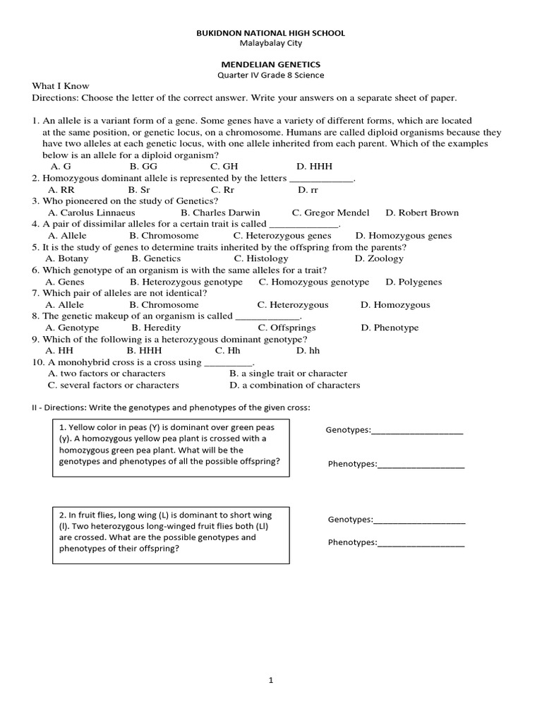 Quarter 4 Science 8 MENDELIAN GENETICS WORKSHEETS | PDF | Dominance ...