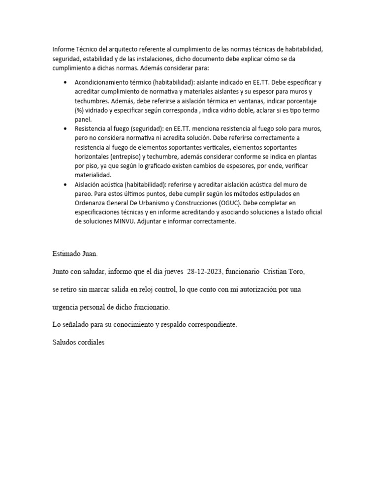 Informe Técnico Del Arquitecto Referente Al Cumplimiento de Las Normas Técnicas de Habitabilidad ...