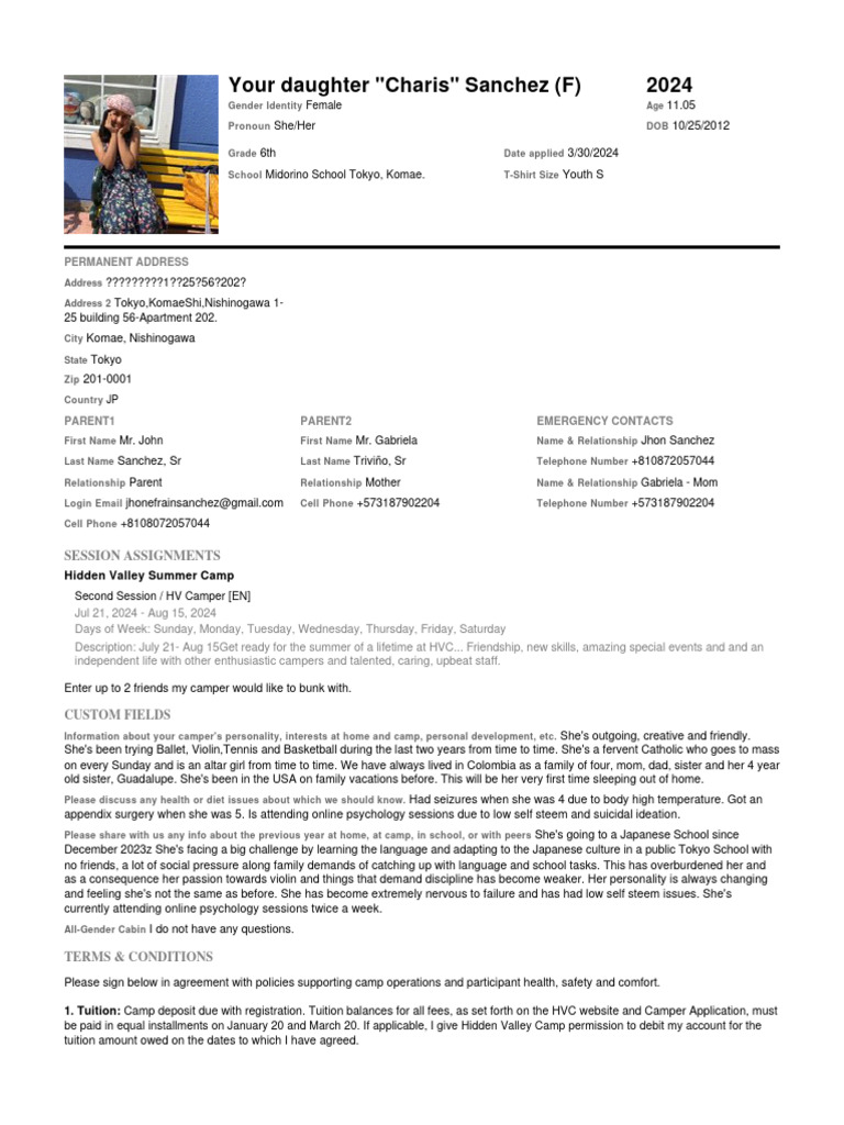 Summer Camp Application Charis 2024. | PDF