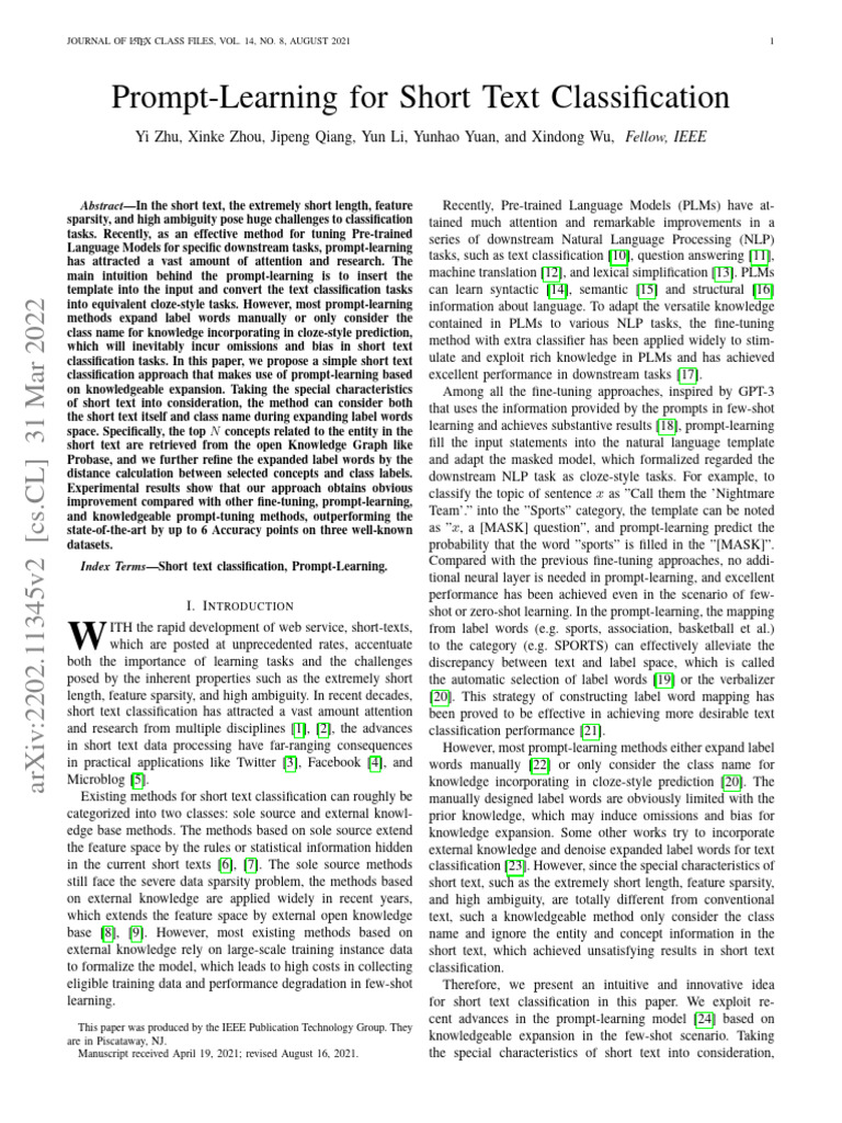 Prompt-Learning For Short Text Classification | PDF | Statistical Classification | Information