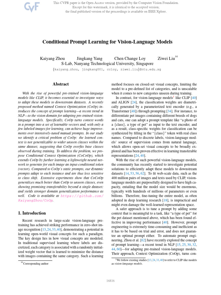 Zhou Conditional Prompt Learning For Vision-Language Models CVPR 2022 Paper | PDF | Deep ...