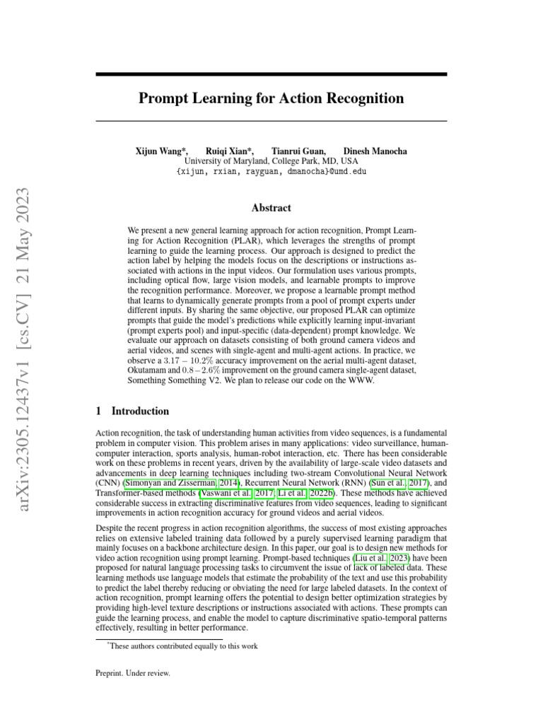Prompt Learning For Action Recognition | PDF | Computer Vision | Artificial Neural Network
