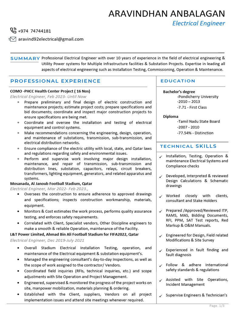 Aravindhan Resume Electrical Engineer Project-1 | PDF | Electrical Substation | Electrical ...