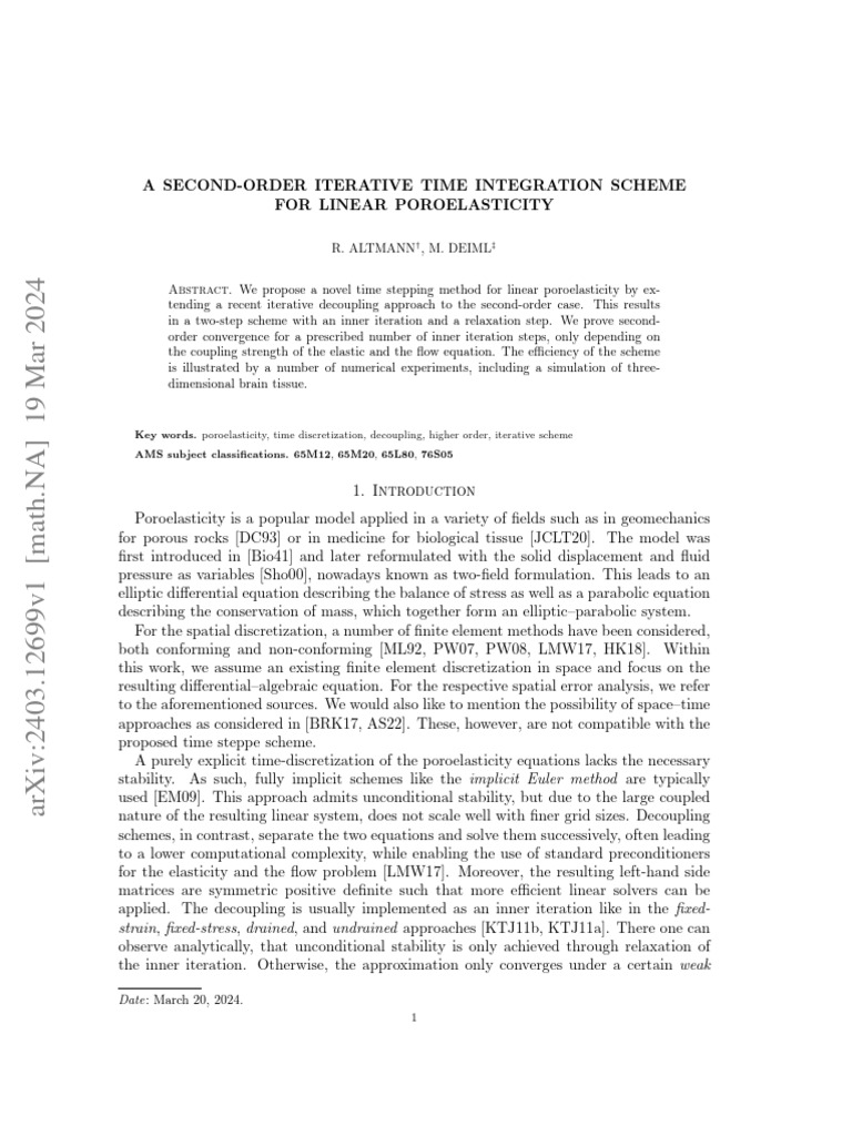 A Second Order Iterative Time Integration Scheme For Linear Poroelasticity Pdf Differential