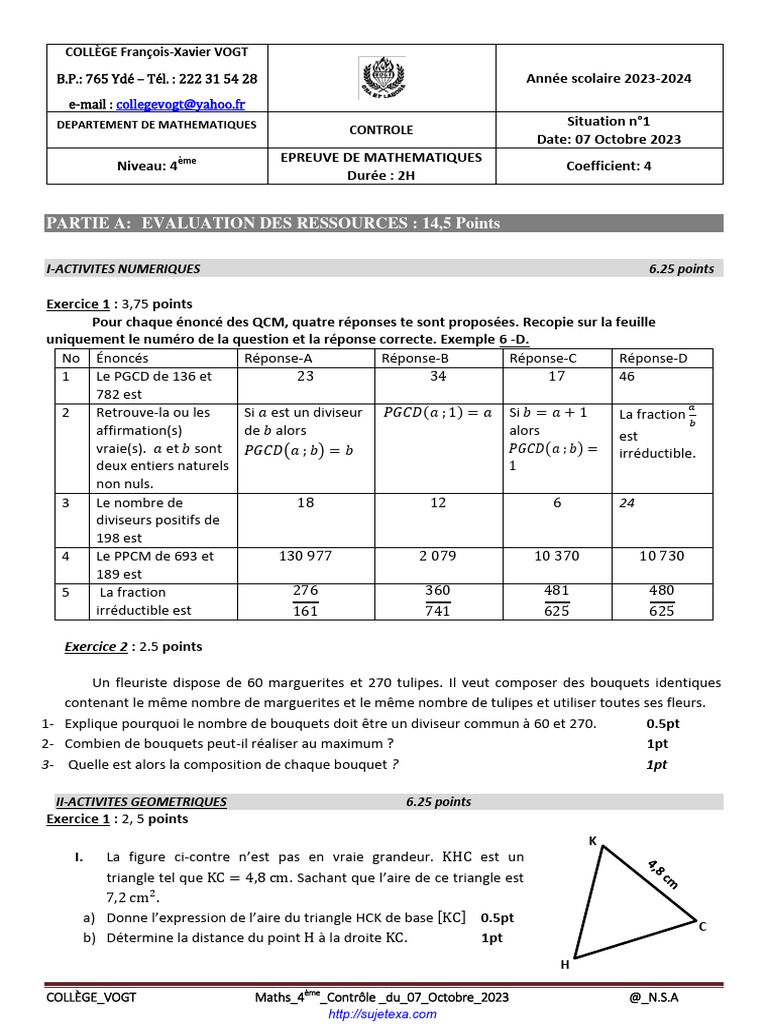 Contrôle de Maths 4ème - 07/10/2023 | PDF | Arithmétique | Théorie des ...