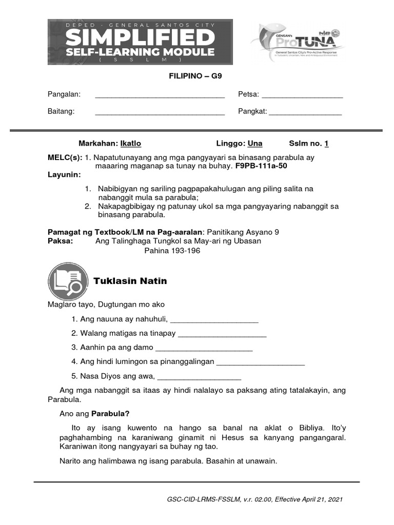 FIL9 Q3 SSLM Linggo 1 | PDF