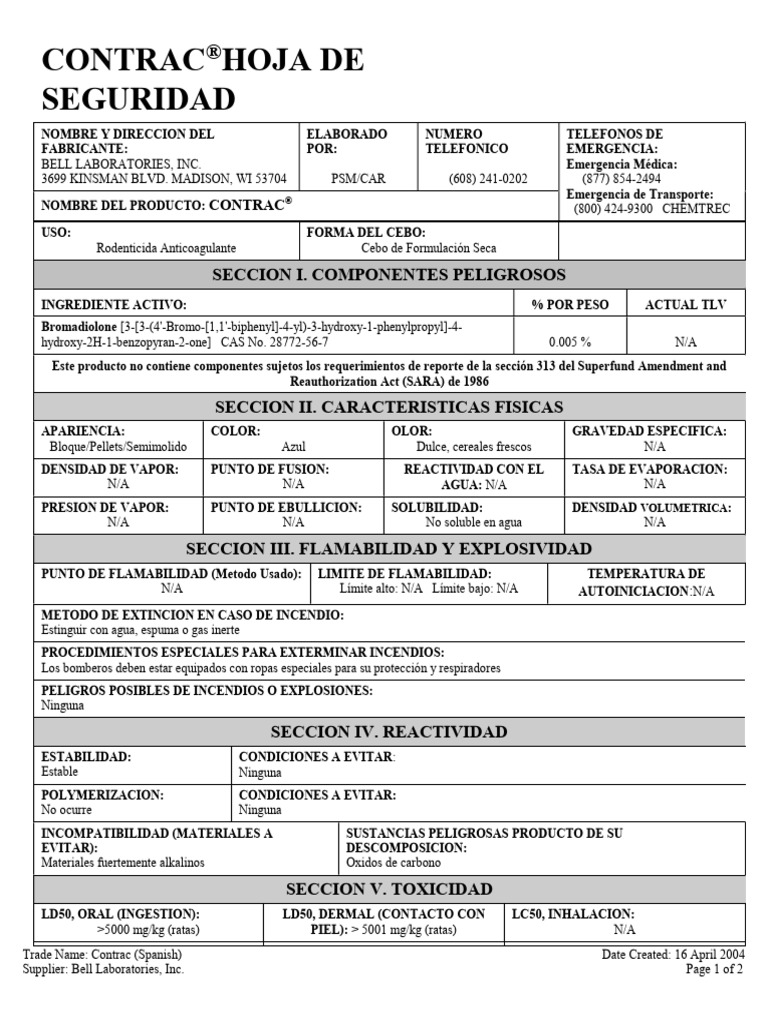 Contrac Blox Esp Hoja de Seguridad | PDF | Residuos | Agua