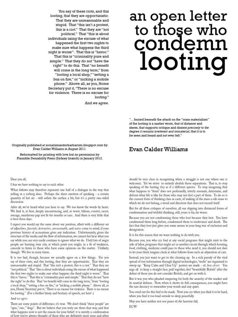 Open Letter Those Who Condemn Looting Evan Calder Williams 1 | PDF ...