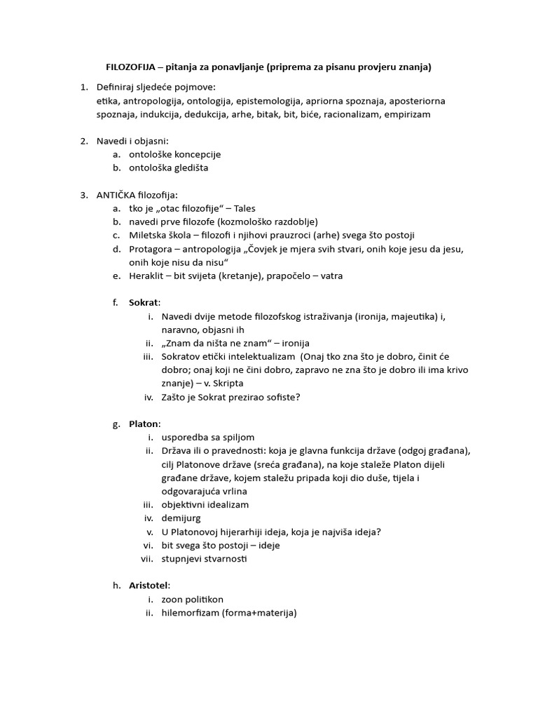 FILOZOFIJA - Pitanja Za Ponavljanje | PDF