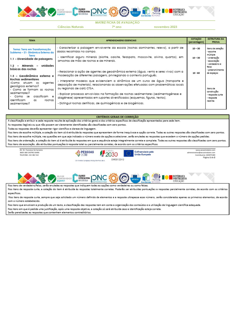 Matriz_Test_1_novembro_2023 | PDF | Rocha sedimentar | Rochas (Geologia)