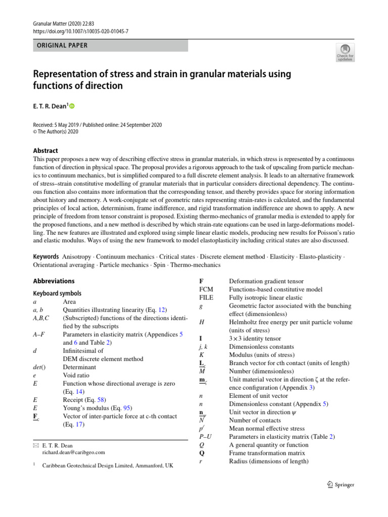 Representation of Stress and Strain in Granular Materials Using Functions of Direction | PDF ...