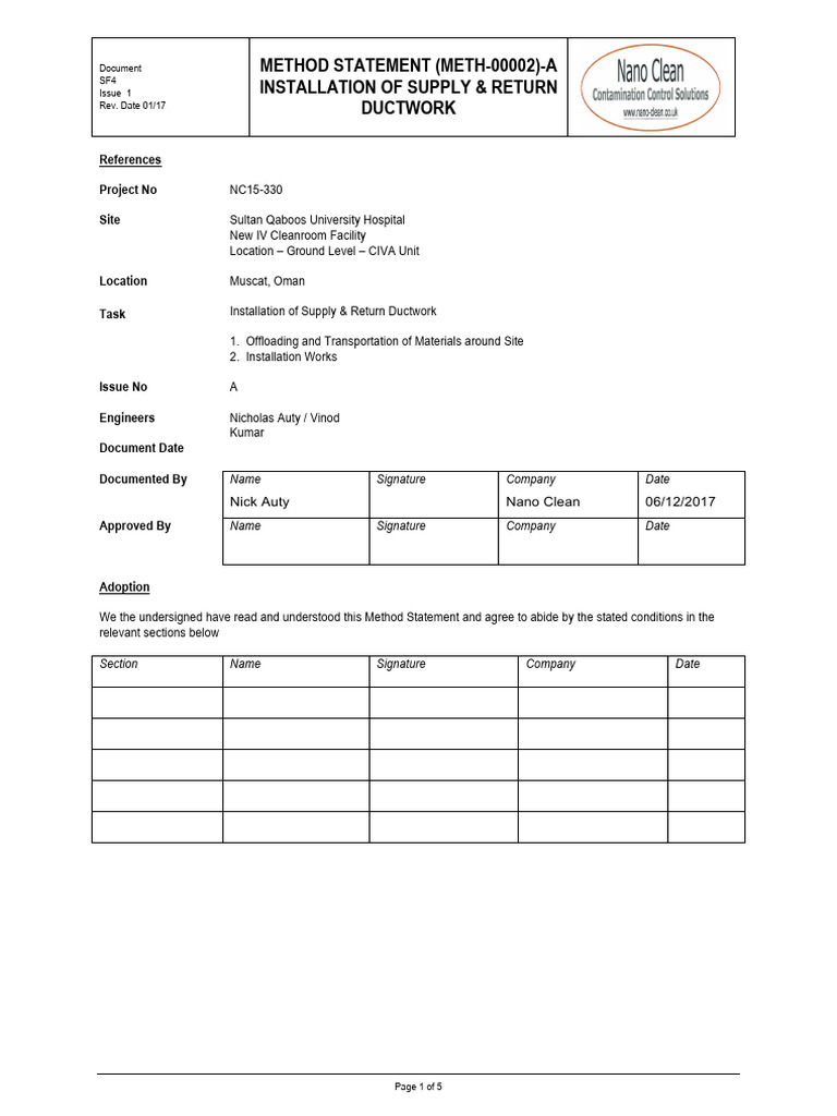METH-00002-A - Method Statement - Supply & Return Ductwork | PDF | Duct ...