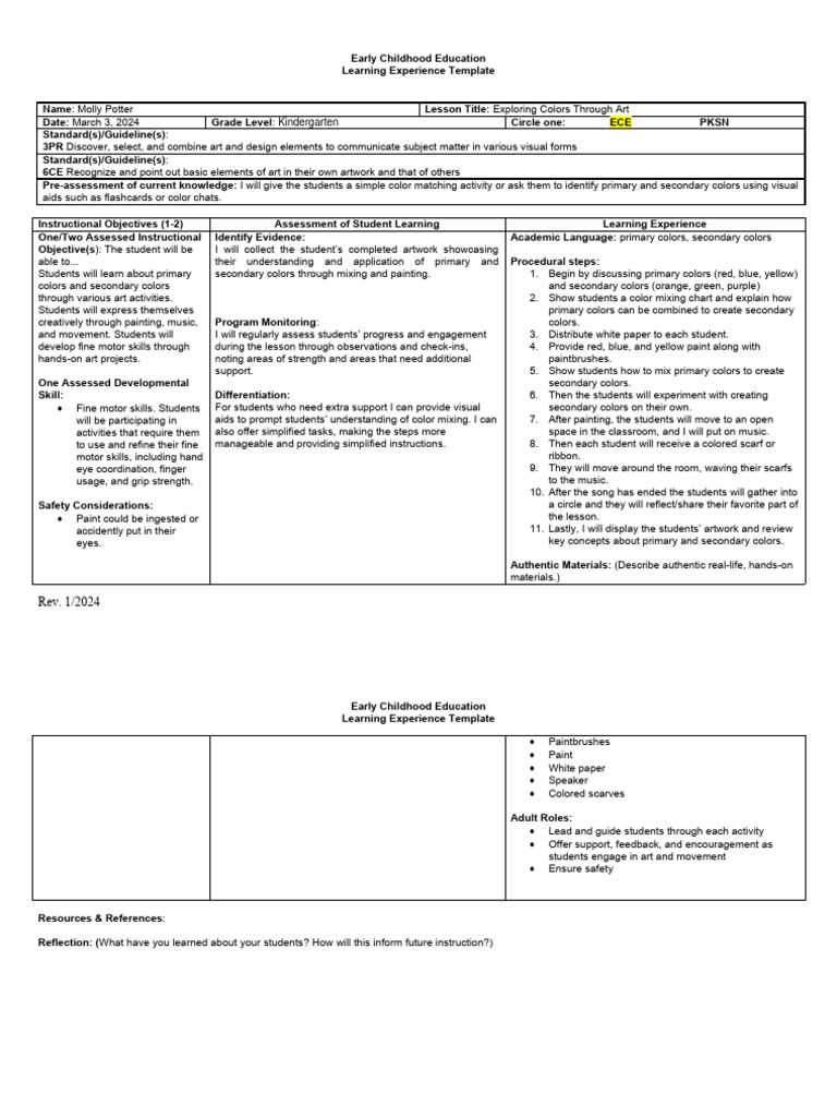 Visual Arts Lesson Plan - K | Download Free PDF | Color | Early ...