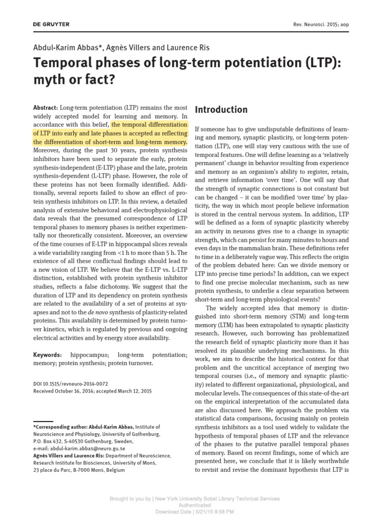 Revisiting LTP's Temporal Phases | PDF | Long Term Potentiation | Memory
