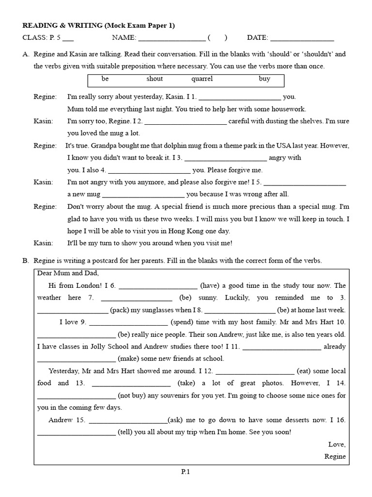 Primary 5 R&W Term 1 English Mock Paper | PDF