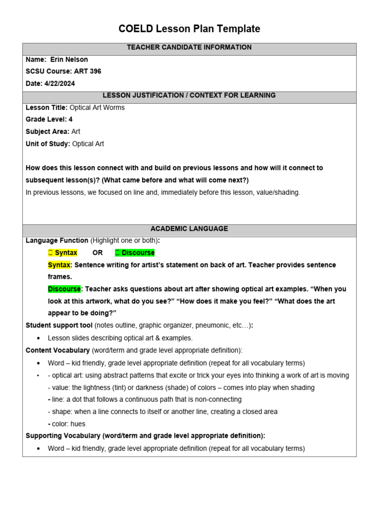 Art 396 Edtpa Lesson Plan Nelson | PDF | Vocabulary | Teachers
