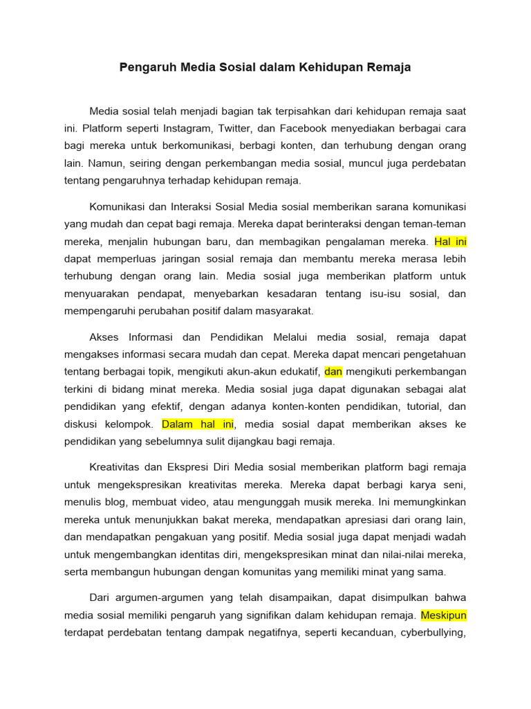 Teks Argumentasi Pengaruh Media Sosial Dalam Kehidupan Remaja | PDF