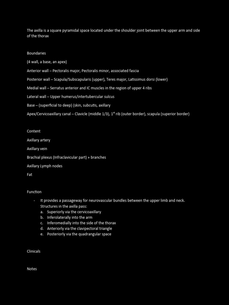 The Axilla Is A Square Pyramidal Space Located Under The Shoulder Joint ...