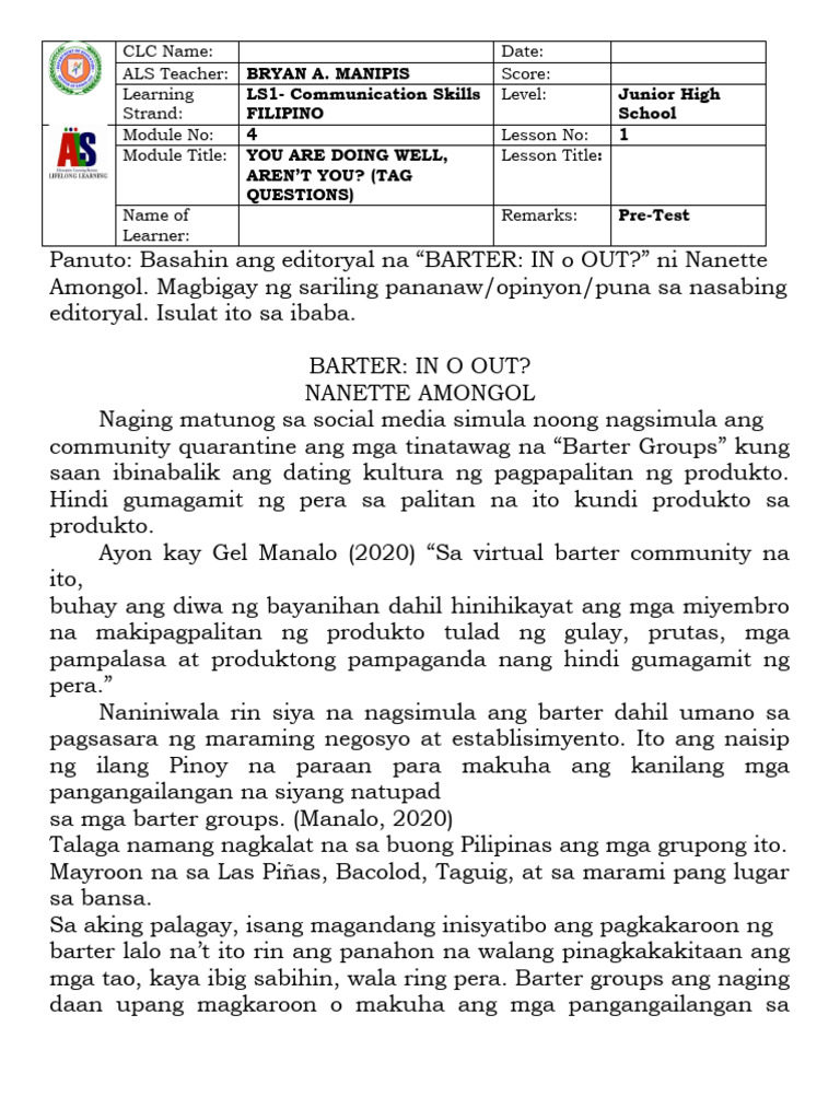 LS 1, Module 4, Lesson 1-Filipino | PDF