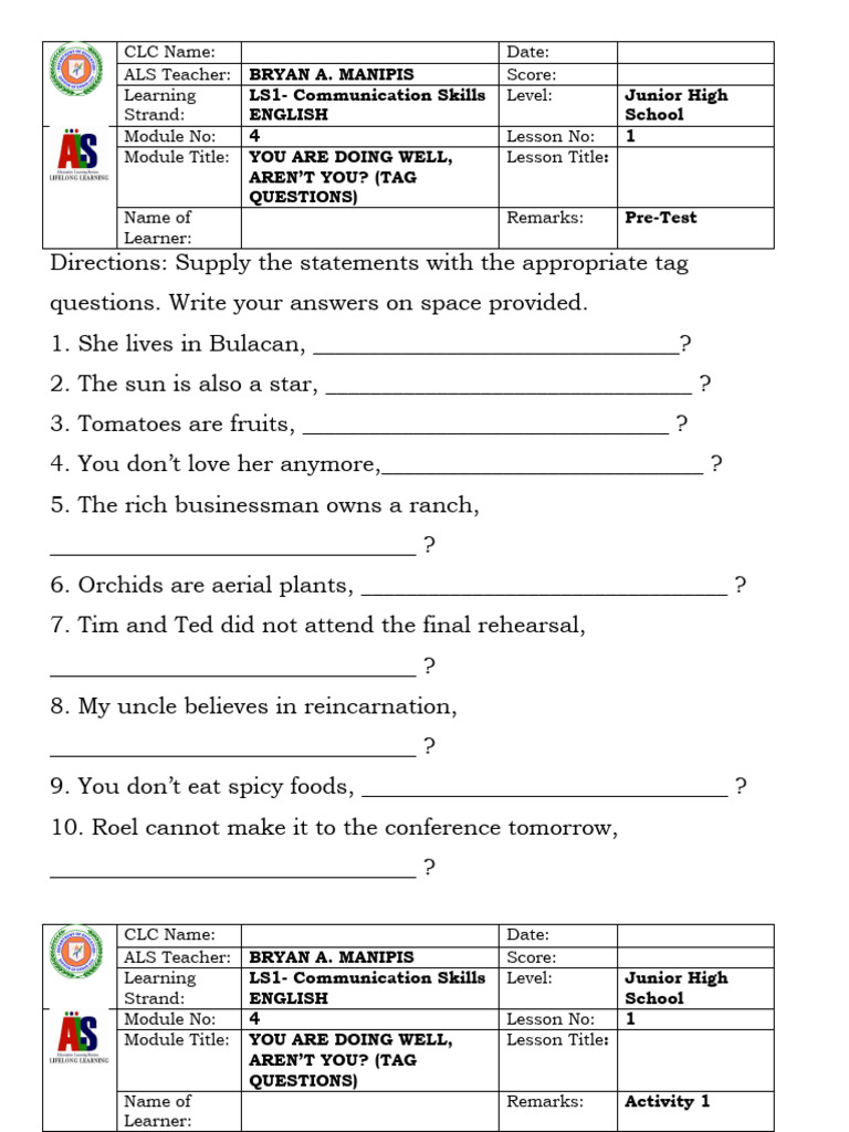 Tag Questions Worksheet for Grade 8 | PDF | Cognitive Science | Cognition