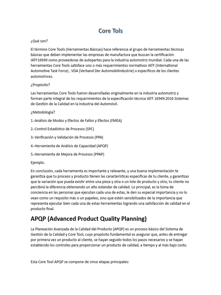 CORE TOOLS | PDF | Calidad (comercial) | Gestión de la calidad