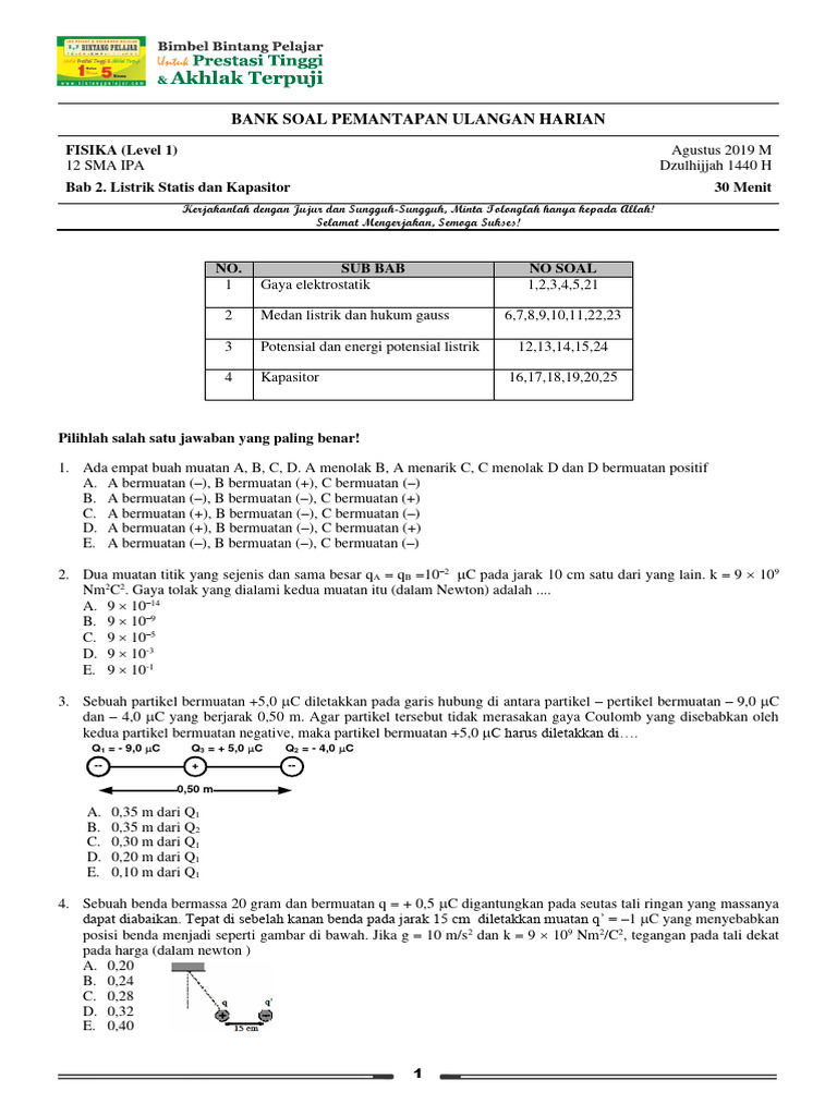 Bank Soal FISIKA - 12 SMA IPA - Bab 2. Listrik Statis Dan Kapasitor (LEVEL 1) (Layout) TA19-20 | PDF