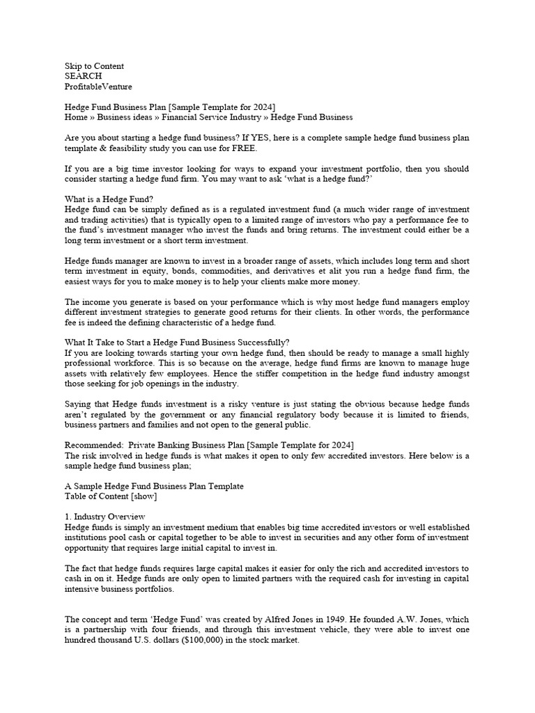 Hedge Fund Business Plan Template 2024 | PDF | Hedge Fund | Investment ...