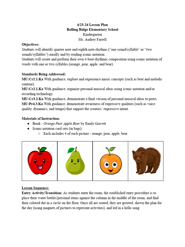 4 23-4 24 kinder lesson plan 1 | PDF | Rhythm | Musical Notation
