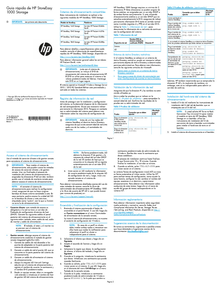 Guía de instalación HP StoreEasy 1000 | PDF | sistema de nombres de ...