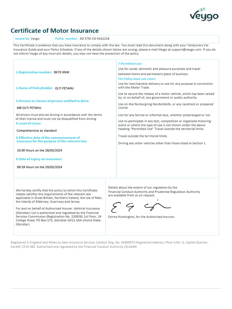 Certificate of Motor Insurance of | PDF | Vehicle Insurance | Insurance